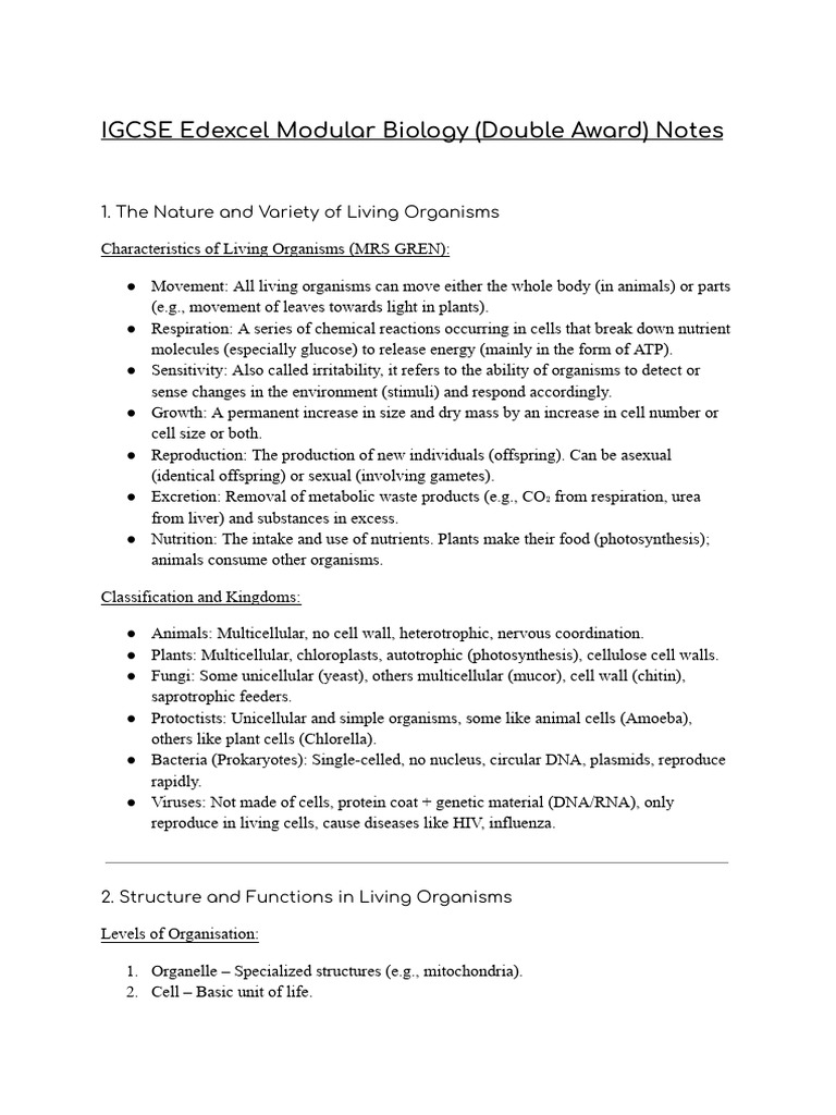 IGCSE Edexcel Modular Biology (Double Award) Notes | PDF | Cell ...