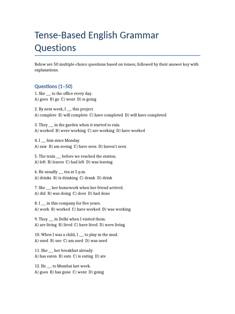 Tense Based Grammar Questions ICET Format | PDF | Language Mechanics ...