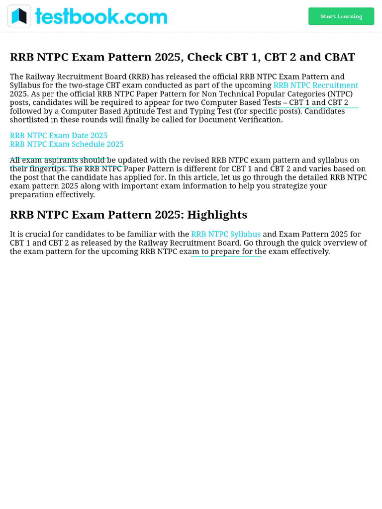 RRB NTPC Exam Pattern 2025, Check CBT 1, CBT 2 and Cbat | PDF