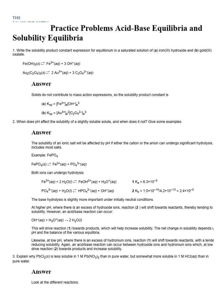 Acid Base Equilibria and Solubility Equilibria Practice Problem | PDF | Hydroxide | Solubility