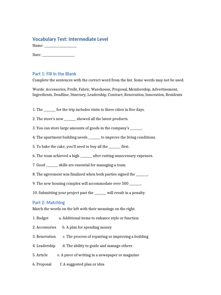 Intermediate Vocabulary Test | PDF