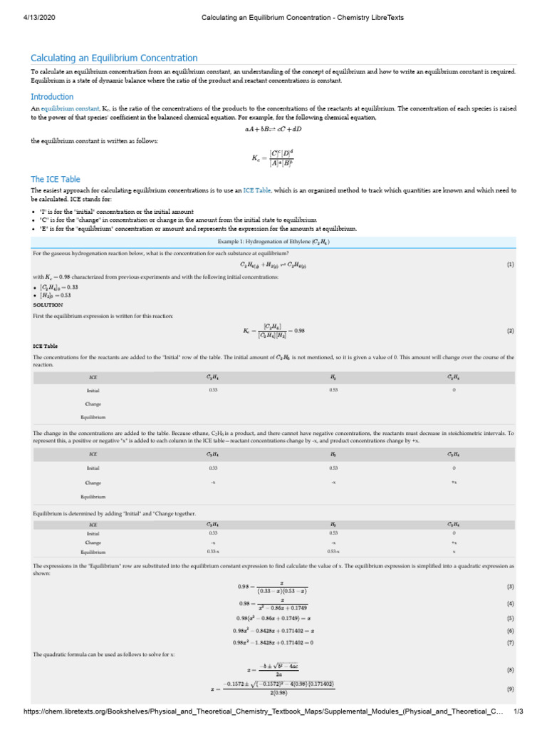 Calculating An Equilibrium Concentration Chemistry LibreTexts | PDF | Chemical Equilibrium ...