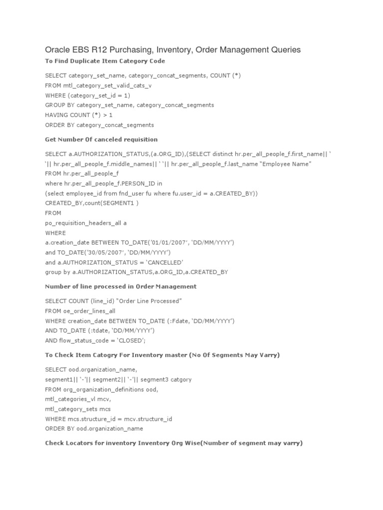 Oracle EBS R12 Purchasing, Inventory, Order Management Queries | PDF ...