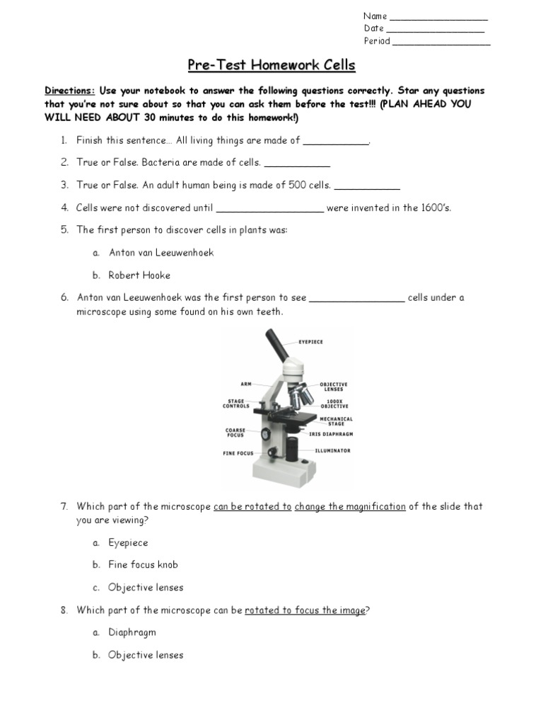 Cells Pre-Test Homework | PDF | Mitosis | Cell (Biology)