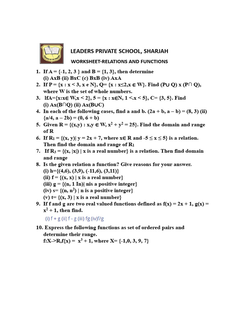 Work Sheet-Relations and Functions | PDF