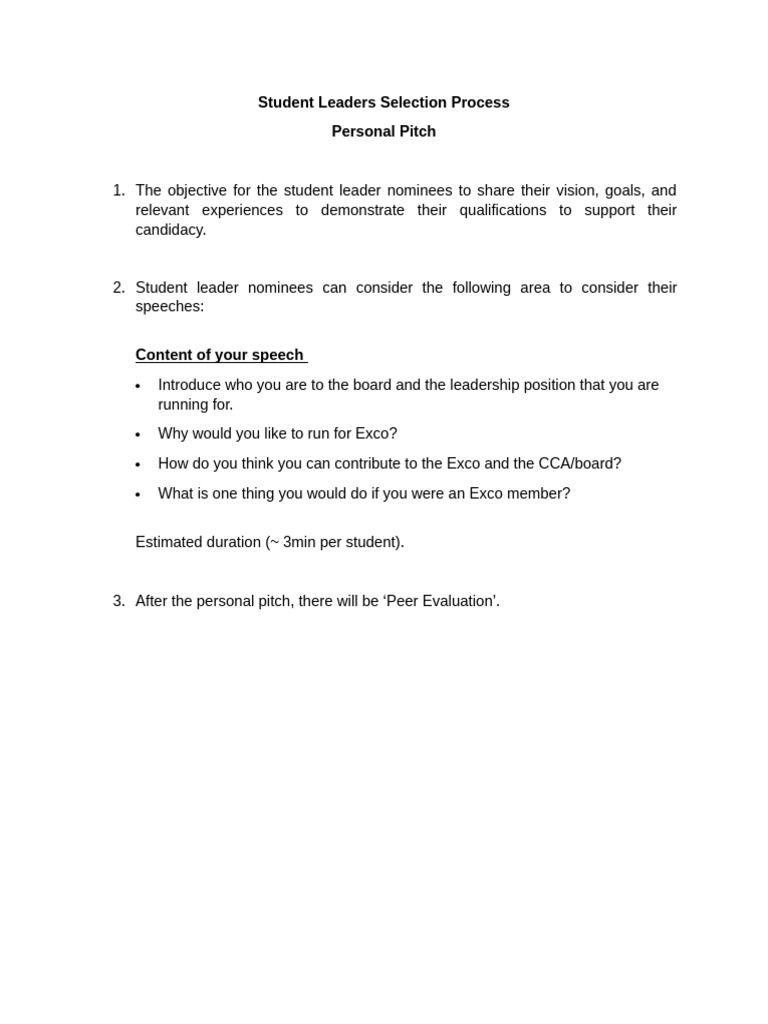 Student Leaders Personal Pitch Guide | PDF