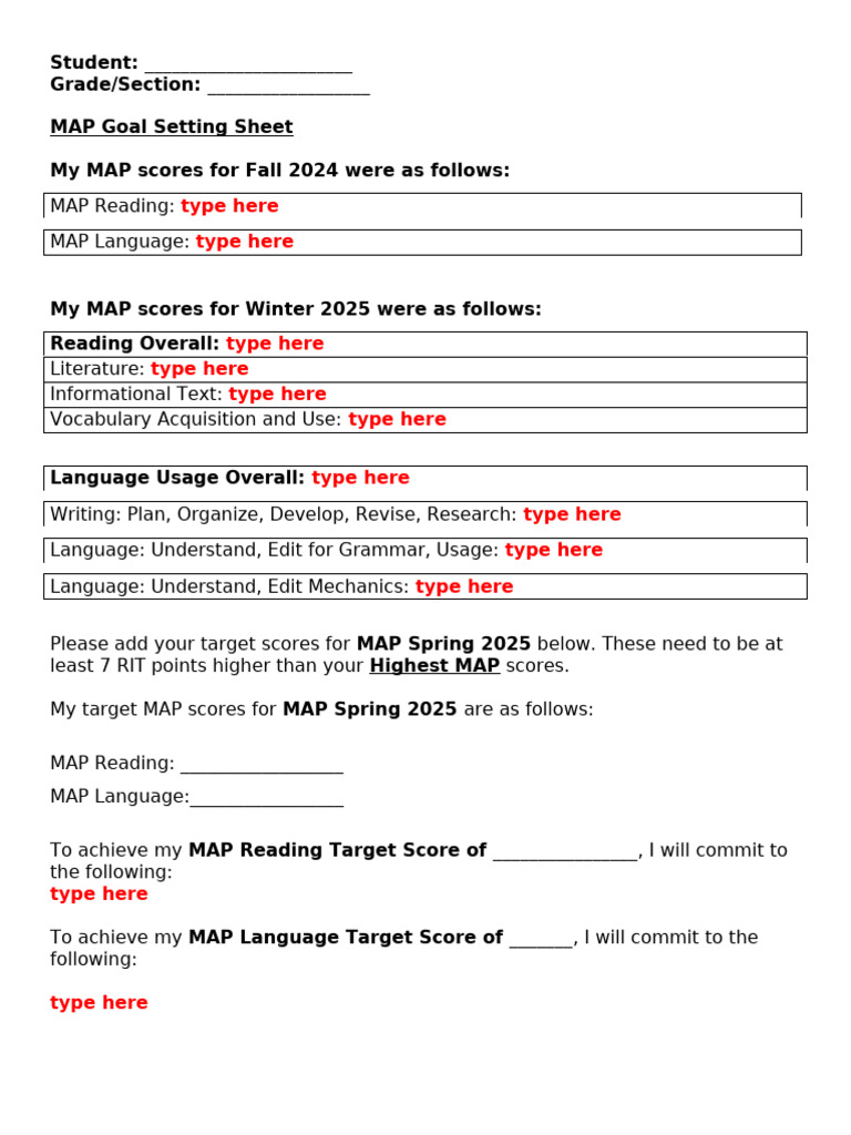 MAP Goal Setting Reflection Sheets | PDF