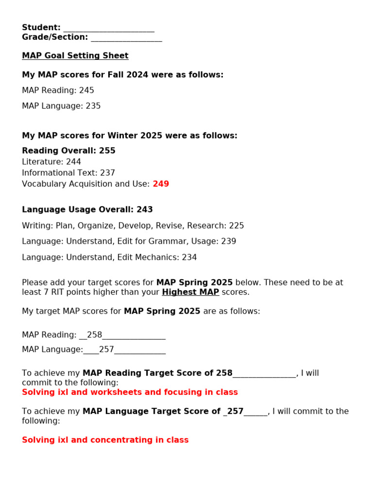 MAP Goal Setting Reflection Sheets 3 | PDF