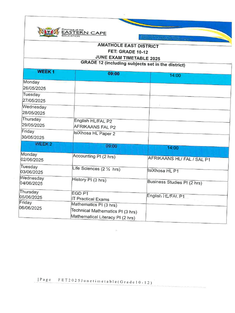 Fet 2025 June Examinations Time Table-2 | PDF