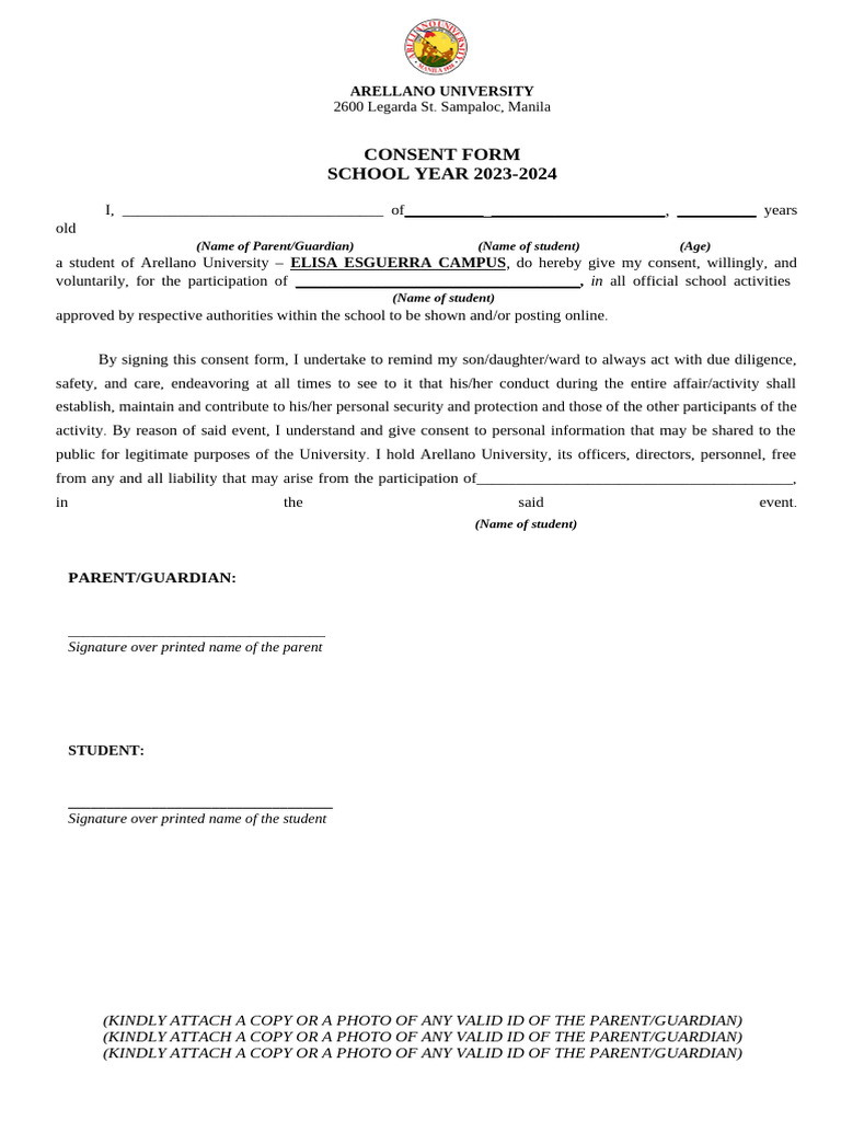 Arellano University Consent Form 2023-2024 | PDF