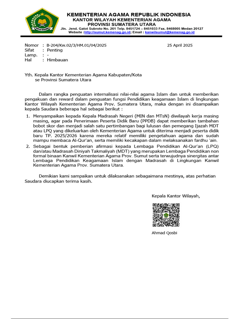 Surat Himbauan Bobot Skor Pemegang Ijazah MDT Masuk MTS | PDF