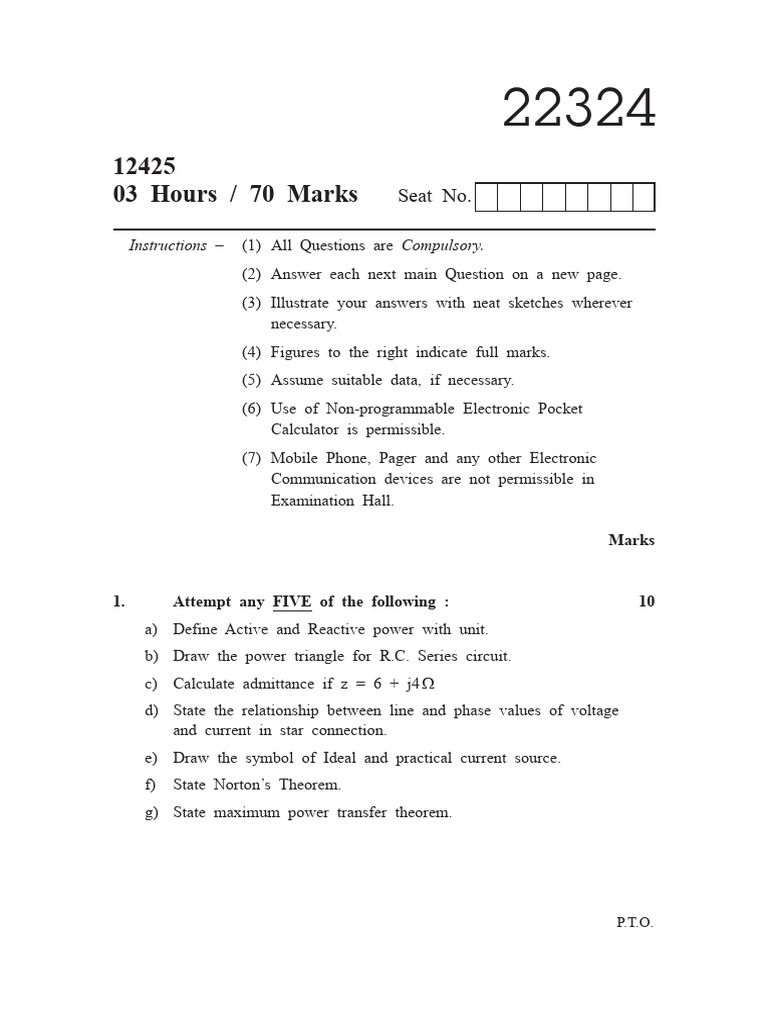 2024 Winter Question Paper | PDF | Electrical Impedance | Alternating ...