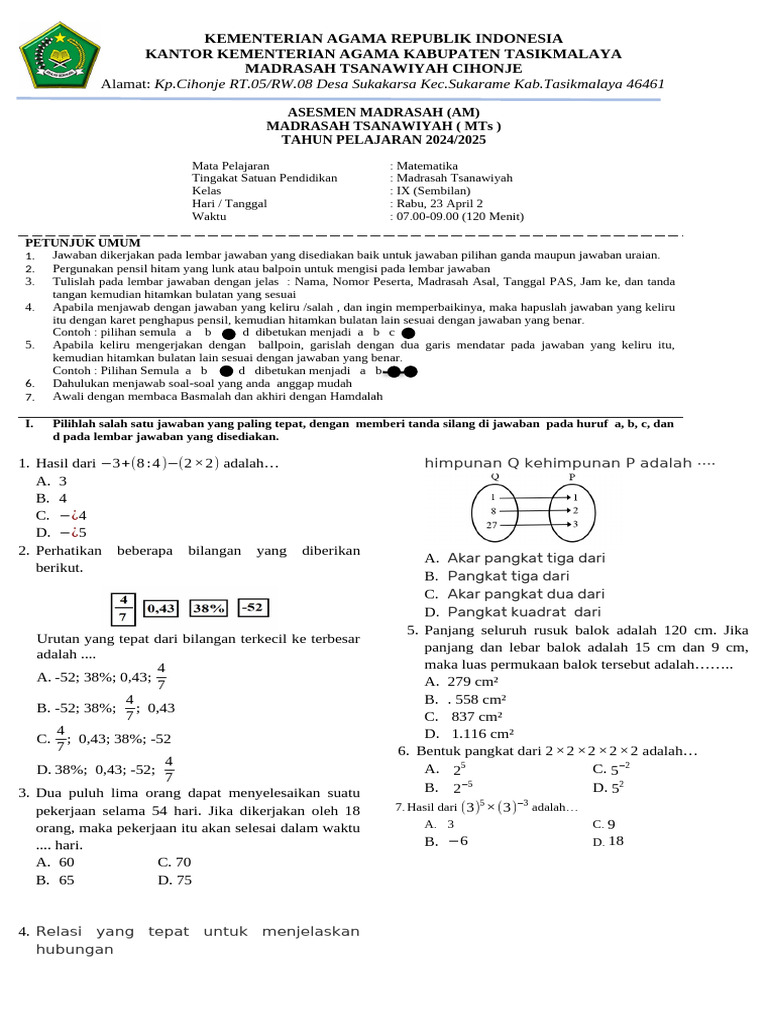 Soal Am MTK MTS | PDF