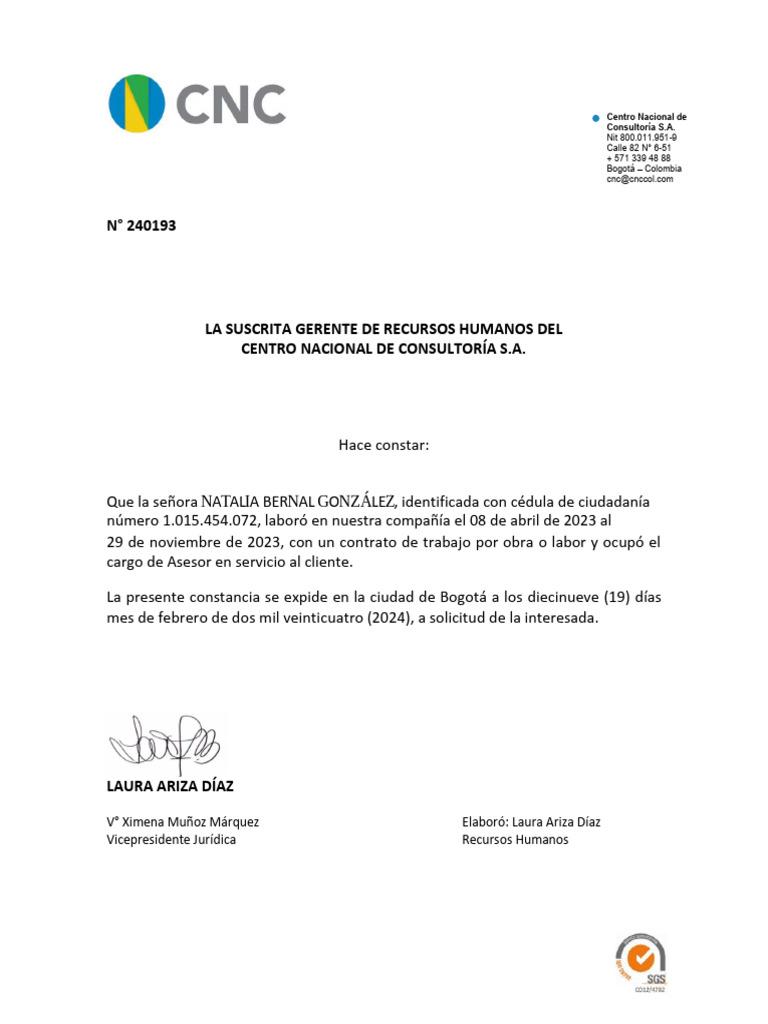 Certificacion Laboral Natalia Bernal G | PDF