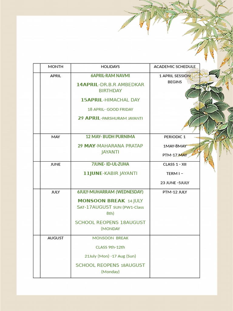 Holiday & Academic Schedule | PDF