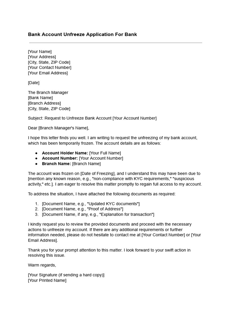 Bank Account Unfreeze Application For Bank | PDF