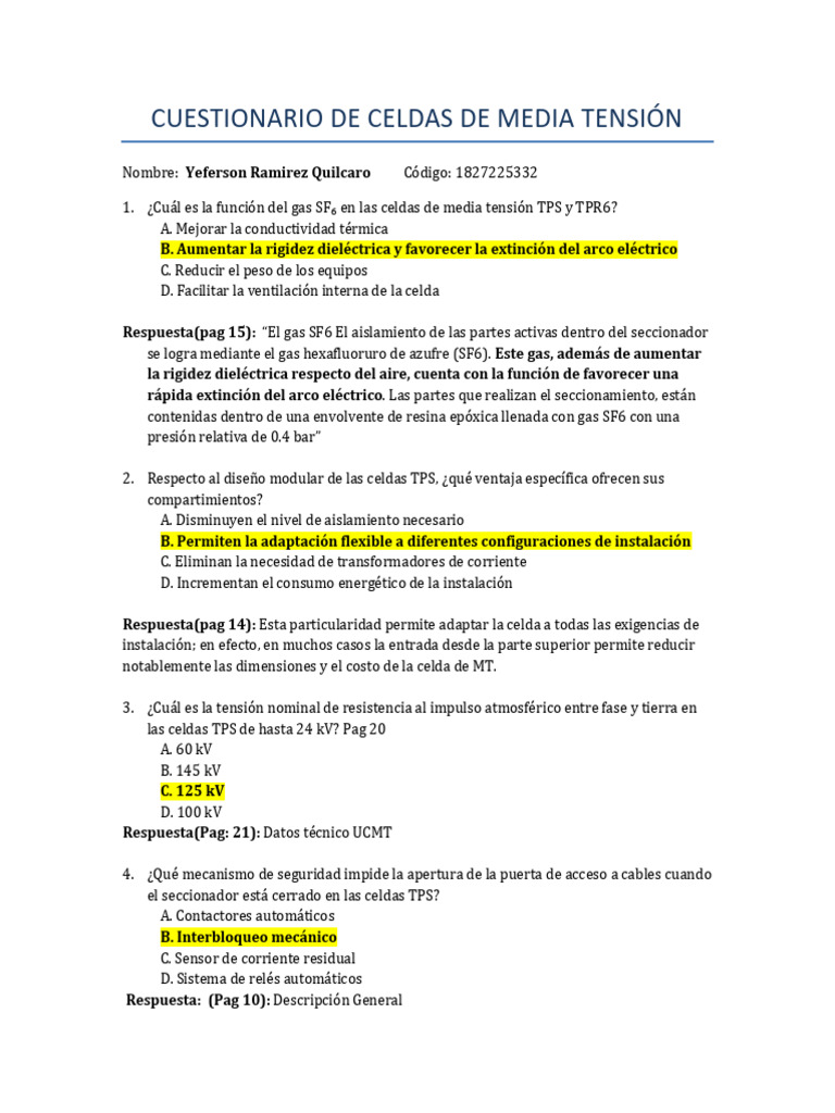 CUESTIONARIO CELDAS MT | PDF | Aislador (Electricidad) | Transformador
