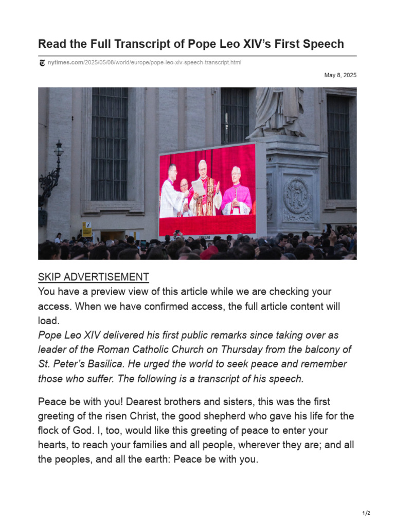 nytimes.com-Read the Full Transcript of Pope Leo XIVs First Speech ...