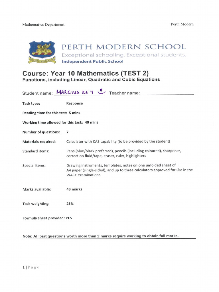 2024 Year 10 Mathematics - TEST 2 (SOLUTIONS) | PDF