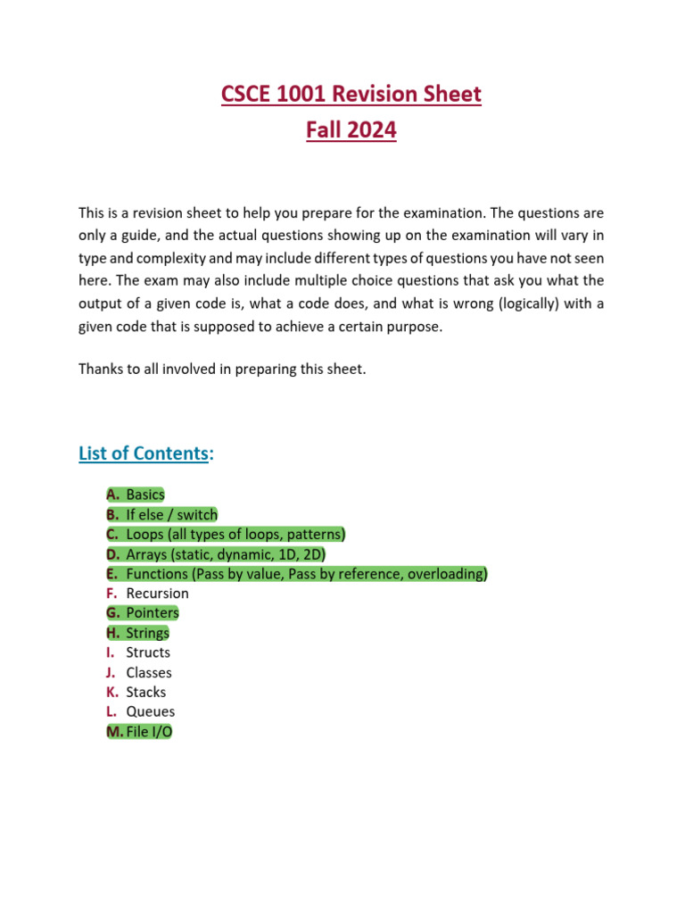 CSCE - 1001 - RevisionSheet (2) 2 | PDF | Computer Program | Programming