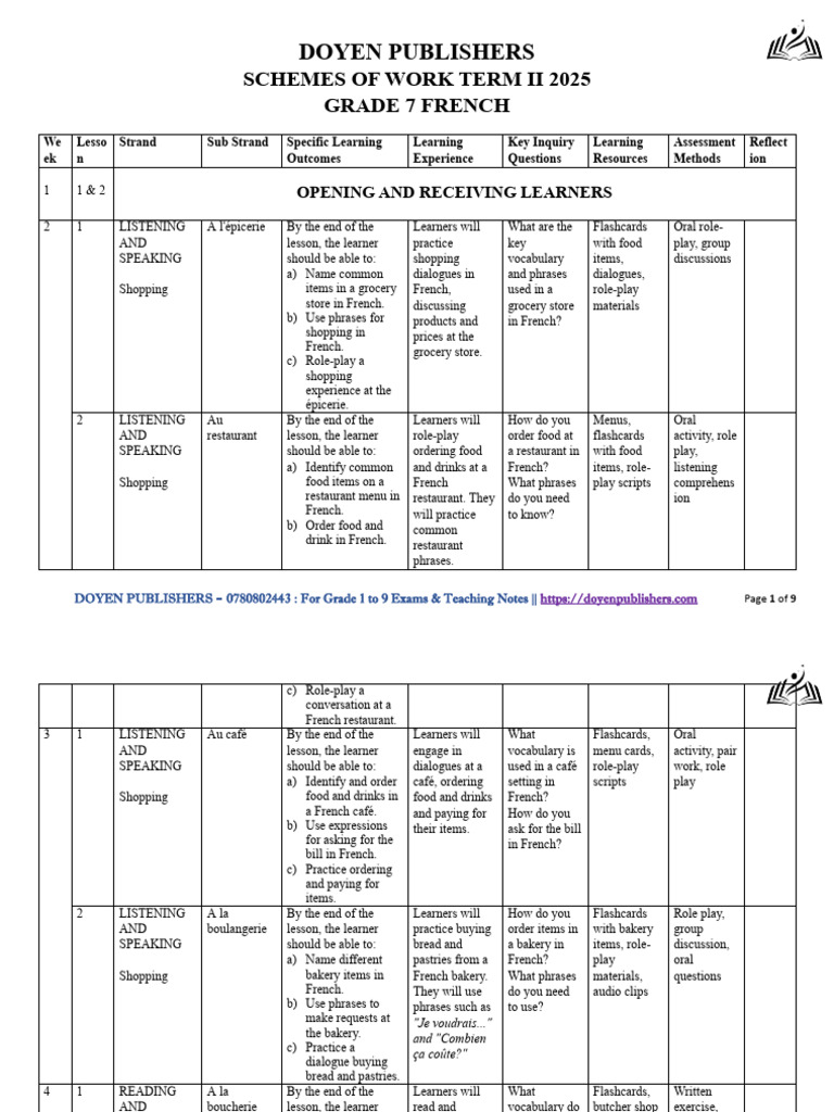 Grade 7 French Term II 2025 Schemes of Work | PDF | Grammatical Gender ...