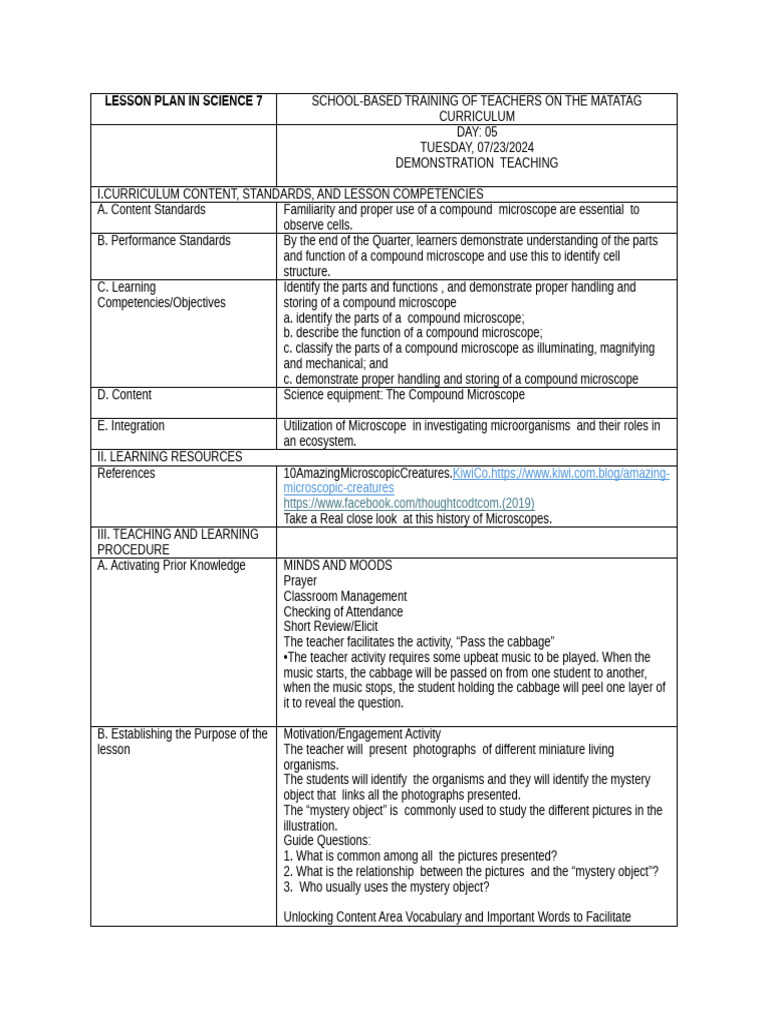 Classroom Observation Lesson Plan | PDF | Microscope | Optics