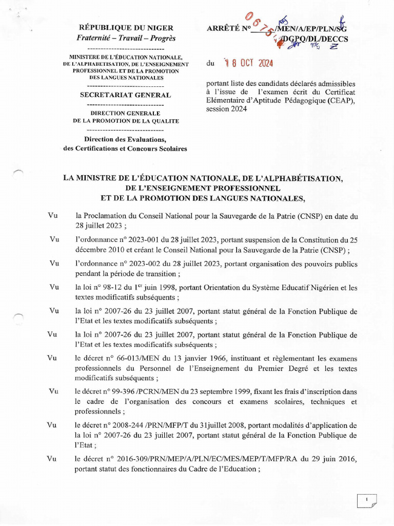Arrêté 0675 Portant Liste Admissible CEAP 2024 | PDF