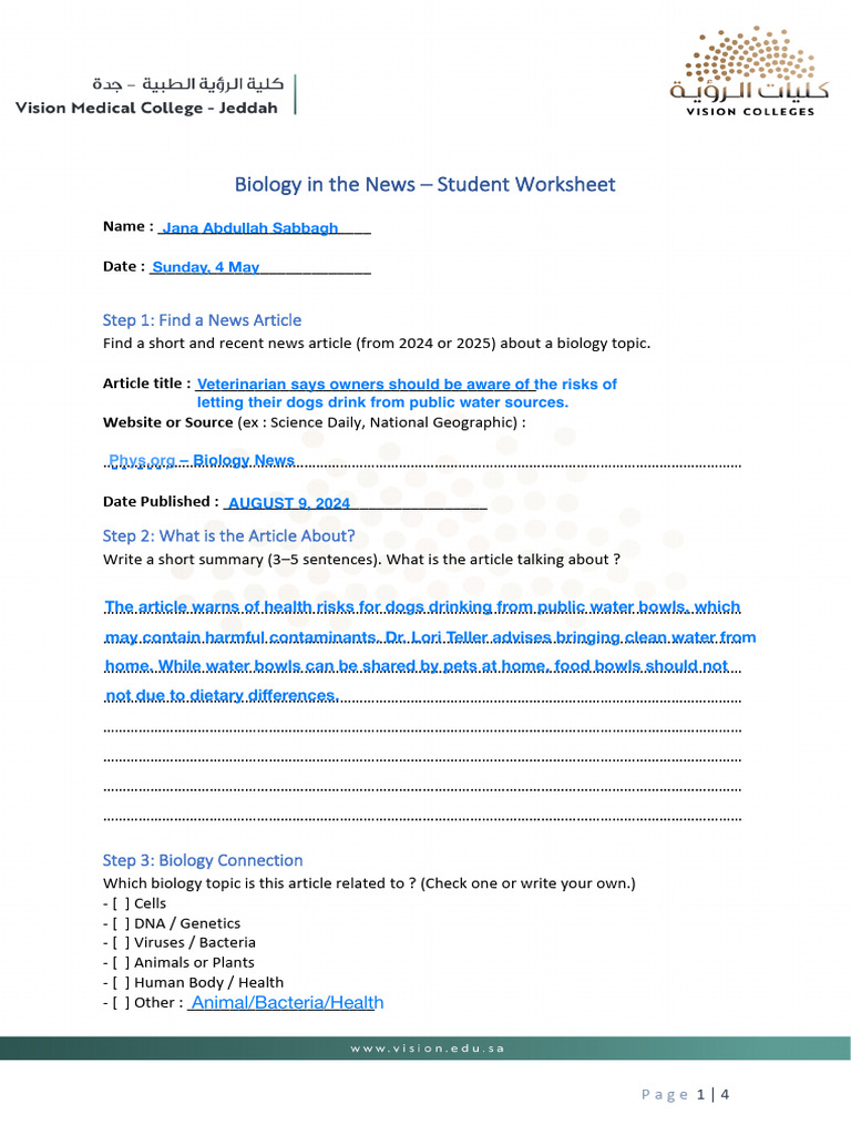 Biology Assignment - Biology in News - Student Worksheetdocx | PDF ...