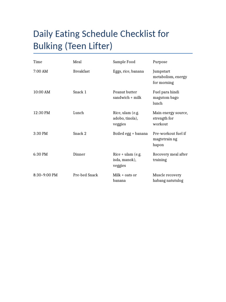Bulking Meal Schedule for Teen Lifters | PDF