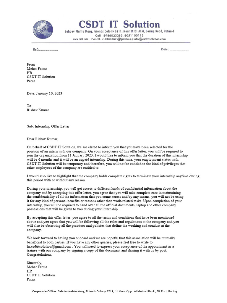 Rishav Kumar Internship Offer Letter | PDF
