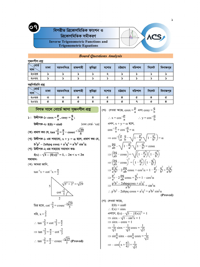 Inverse Trigonometry Practice Sheet Solution HSC FRB 24 | PDF