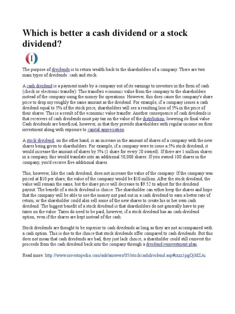 Cash Vs Stock Dividend | Download Free PDF | Dividend | Stocks