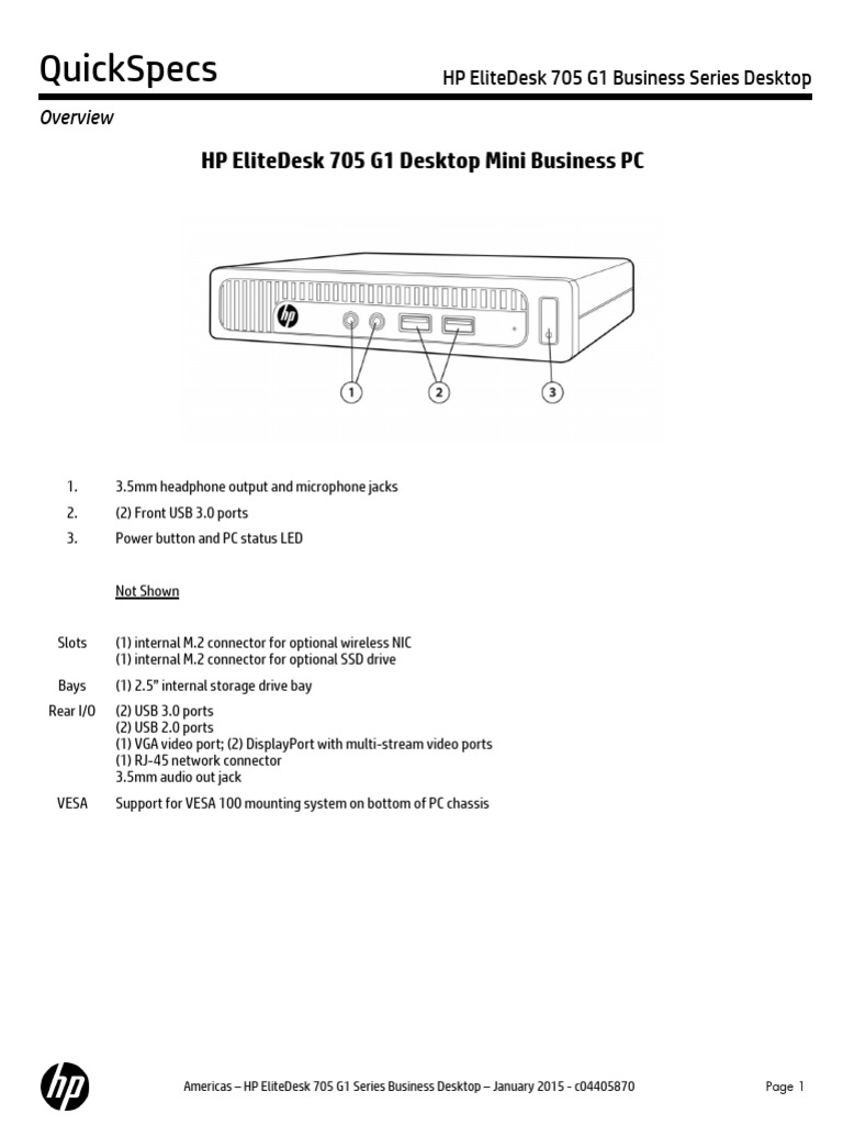 HP EliteDesk 705 G1 Overview and Specs | PDF | Solid State Drive | Bios