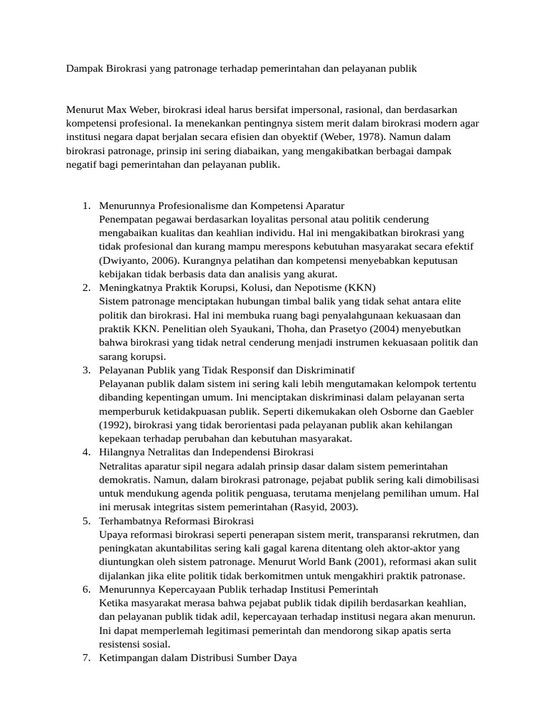 Dampak Birokrasi Yang Patronage Terhadap Pemerintahan Dan Pelayanan Publik | PDF