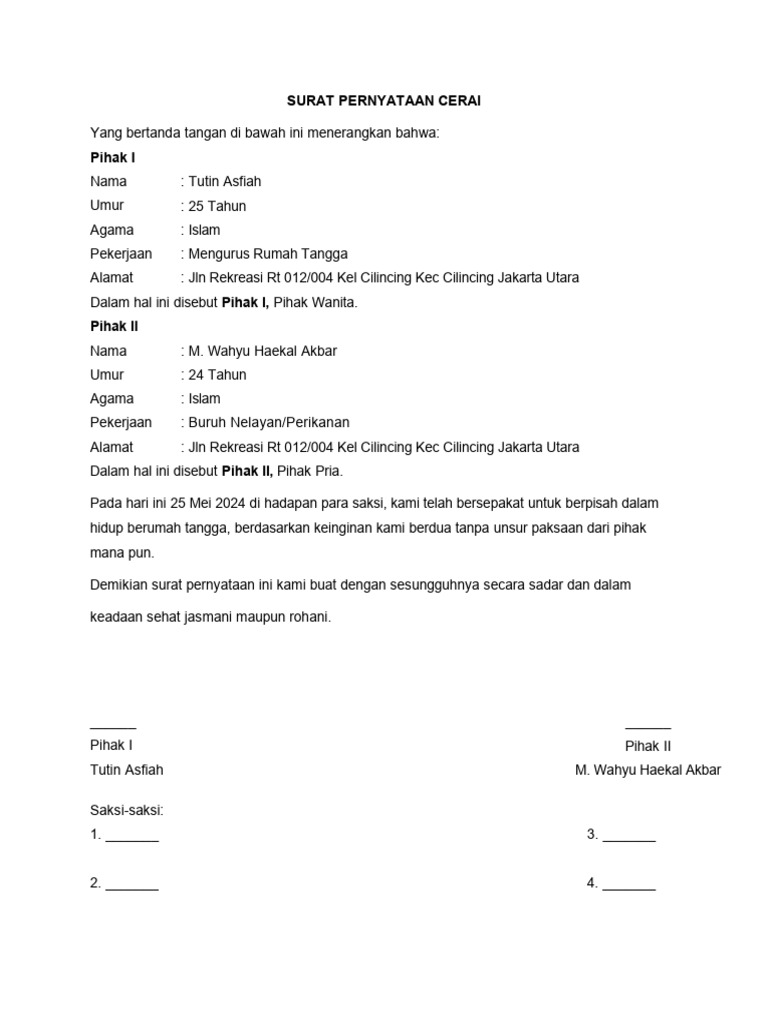 Surat Pernyataan Cerai | PDF