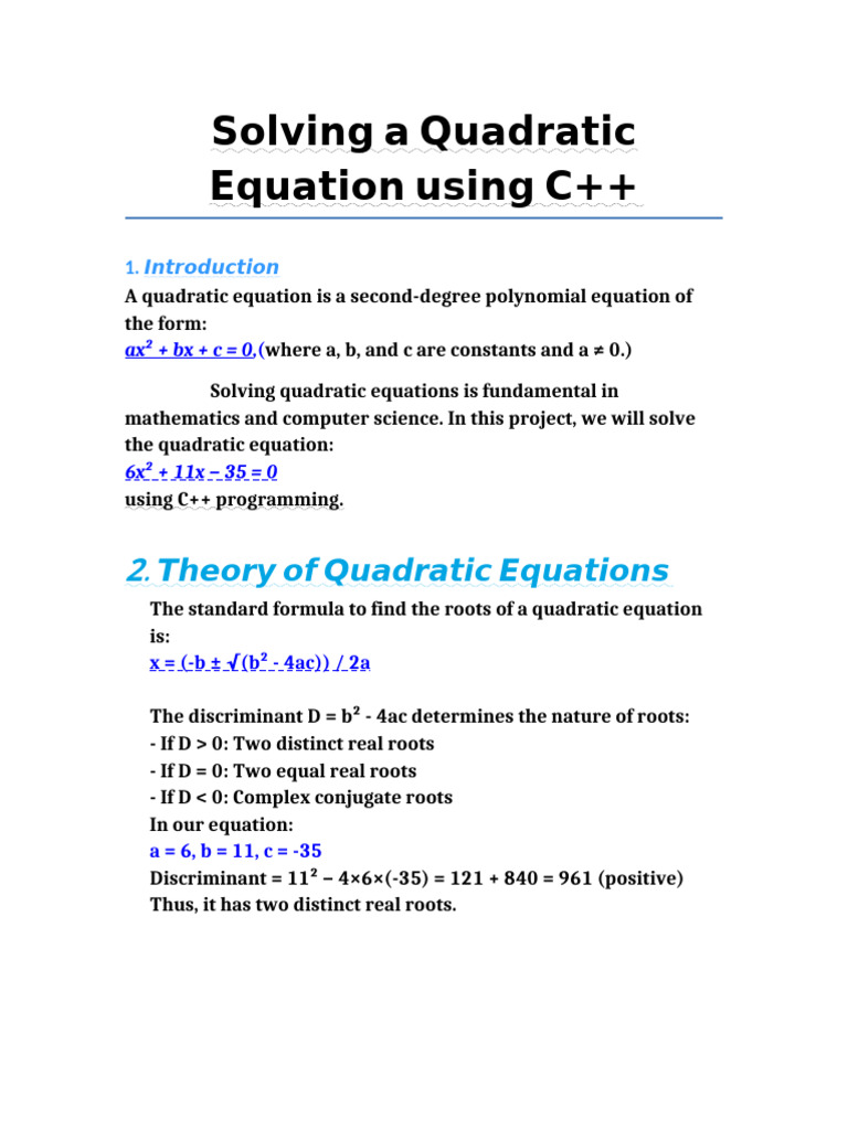 Quadratic Equation CPP Project | PDF | Quadratic Equation | Computational Science
