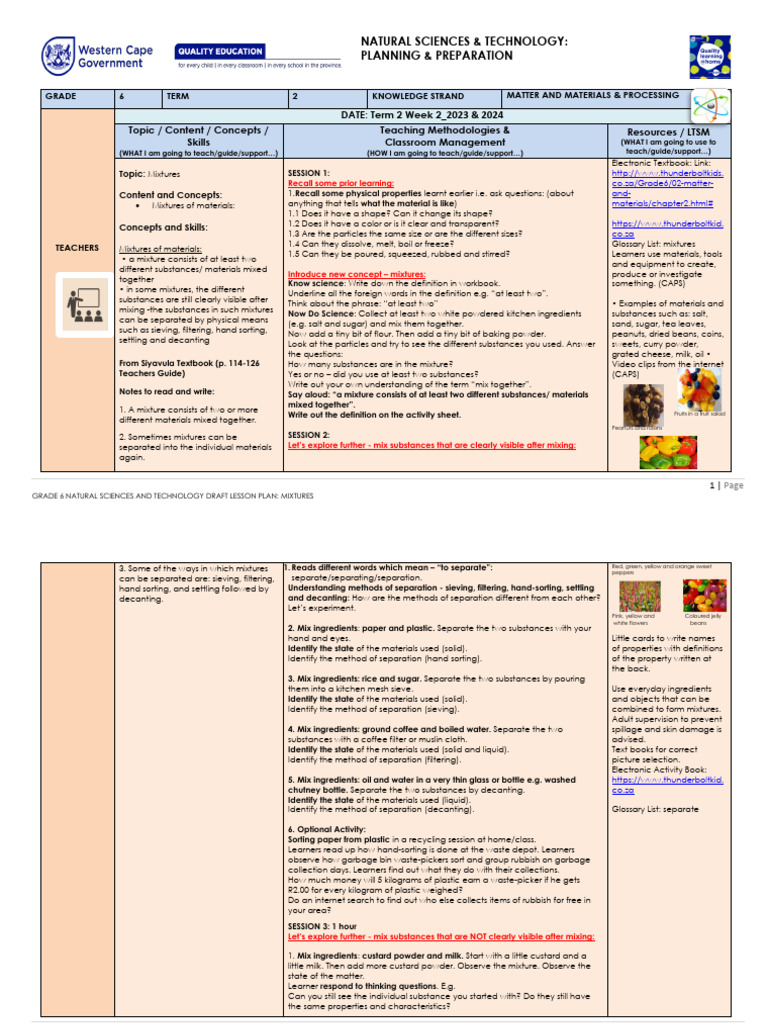Lesson Plan Gr. 6 Natural Sciences and Technology T2 W2 | PDF | Mixture ...