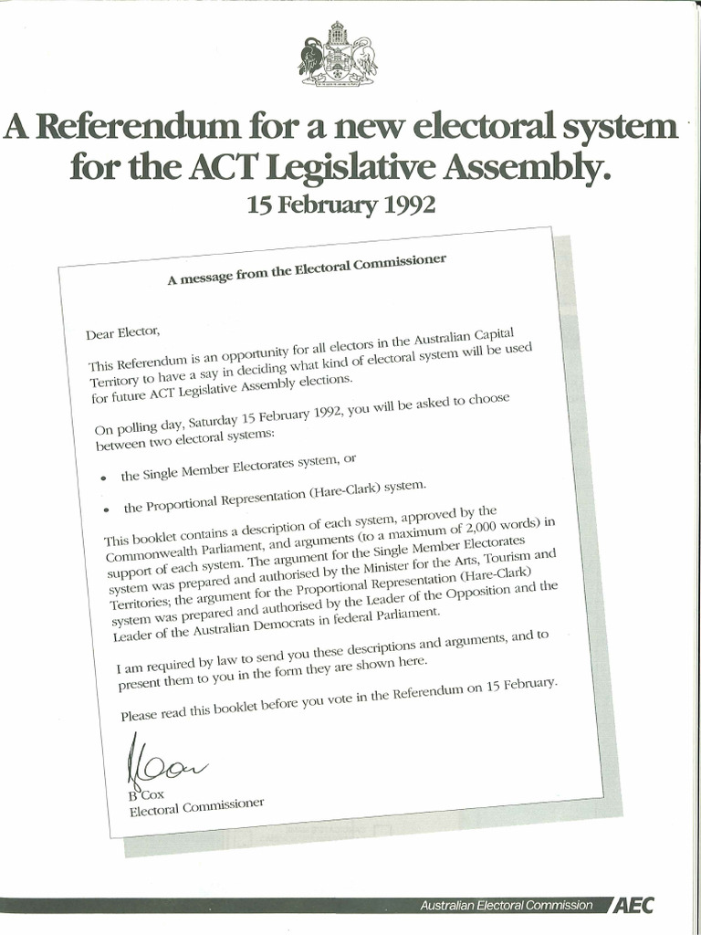 1992 ACT Electoral System Referendum Booklet | PDF