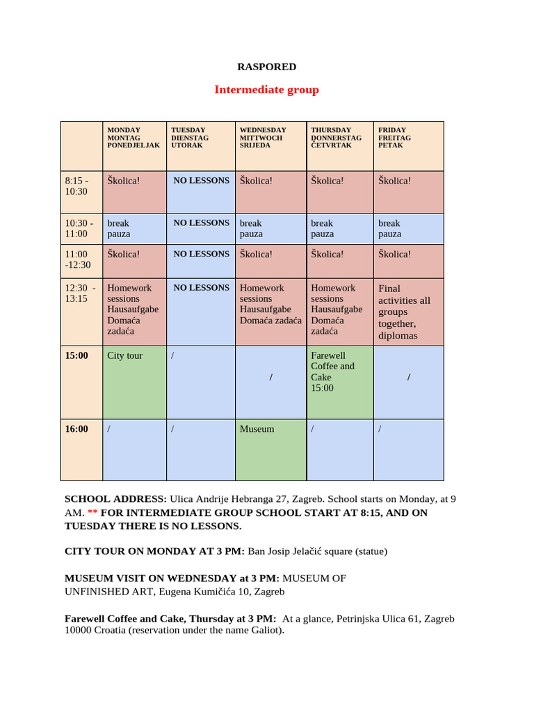 Intermediate Group Schedule Overview | PDF