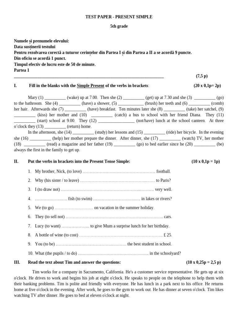 5th Grade Present Simple Test Paper | PDF | Question | Linguistics