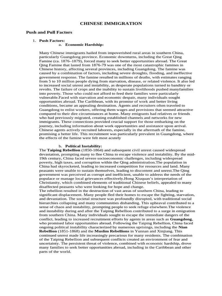 Pull Factors for Chinese Immigration | PDF | Famine | Immigration