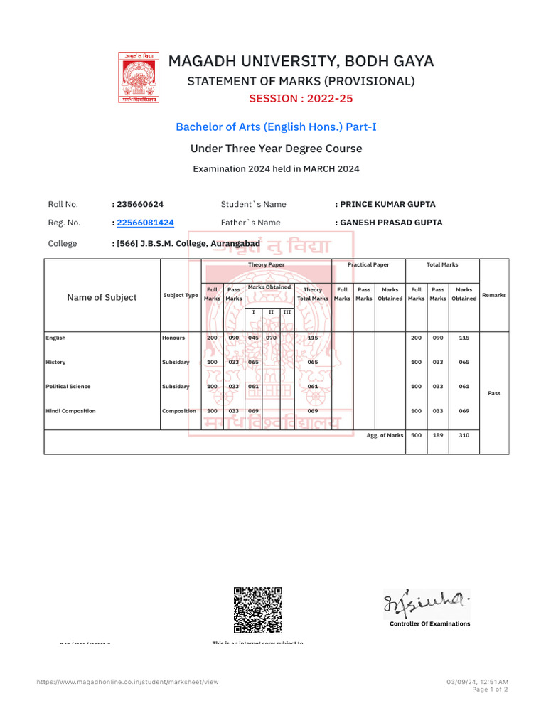 Magadh University Part-I Marksheet 2022-25 | PDF | Academic Degree ...