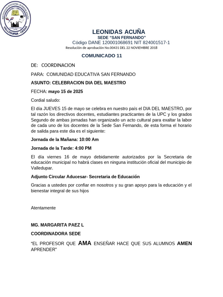 Comunicado 11 Dia Del Maestro | PDF