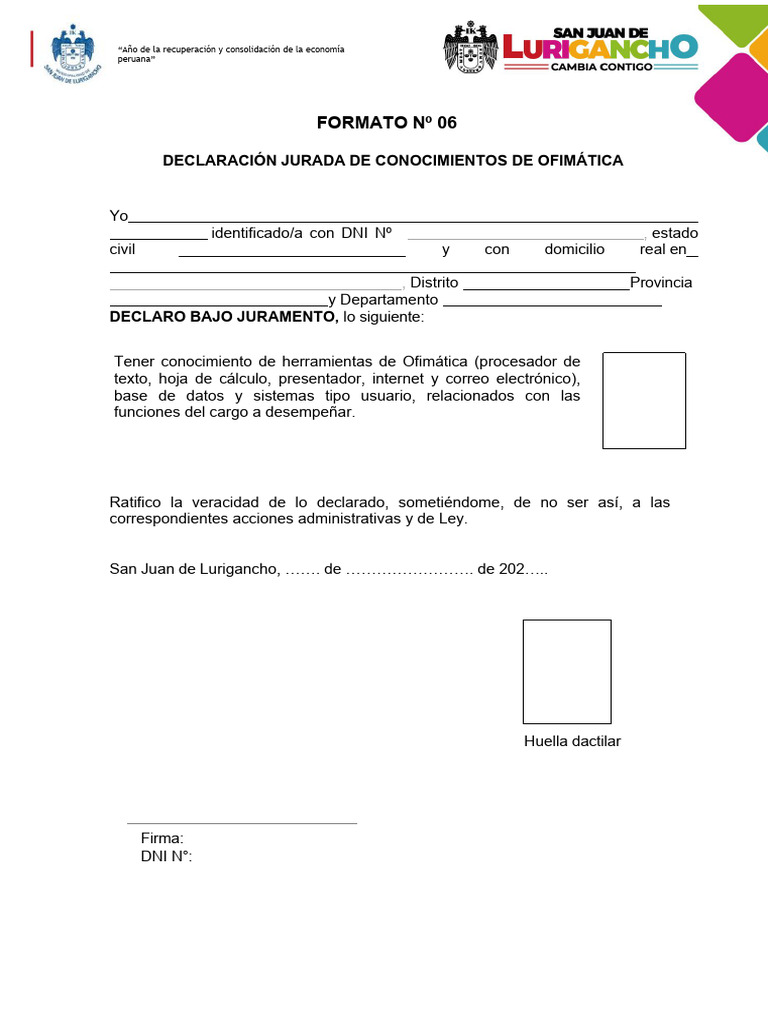 Formato #06: Declaración Jurada de Conocimientos de Ofimática | PDF