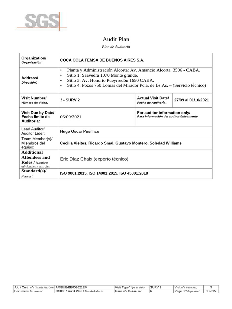 Coca Cola FEMSA SURV 2 GS0307 Audit Plan 2021 Rev 2 | PDF | Auditoría ...