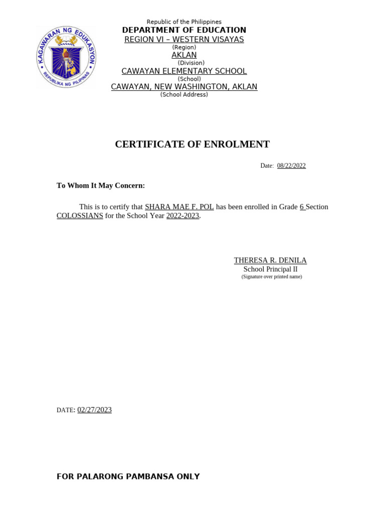 Cerificate of Enrollment | PDF | Philippines