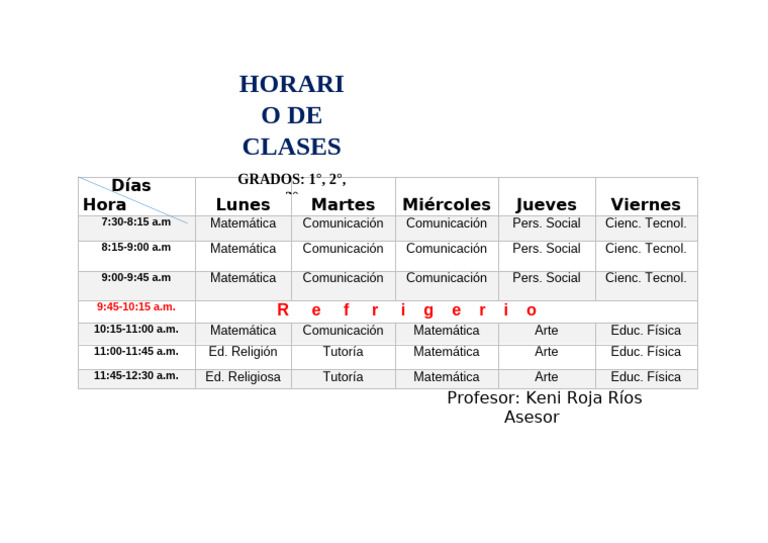 Horario de Clases para Grados 1-3 | PDF
