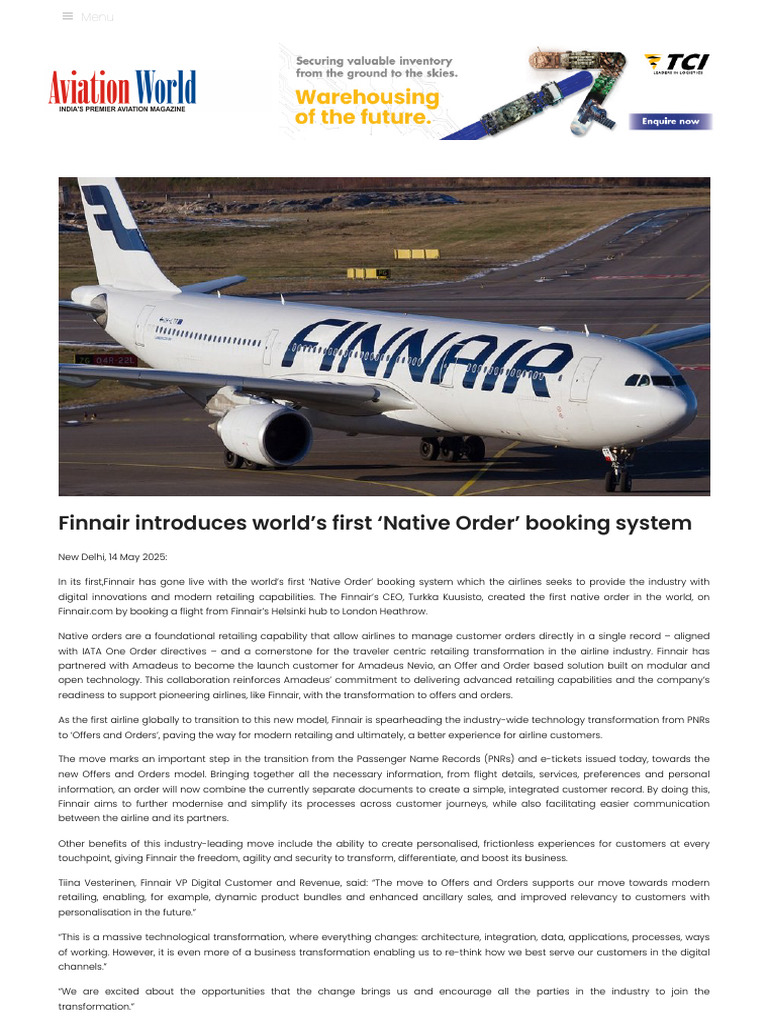 Finnair Introduces World's First Native Order' Booking System ...