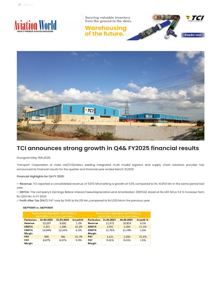 TCI Q4 FY2025 Financial Growth Report | PDF | Airport | Logistics