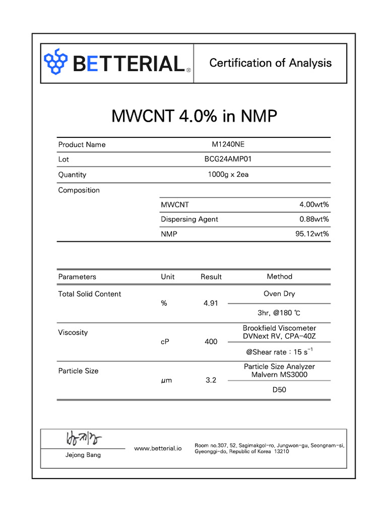 (COA) MWCNT 4% in NMP (M1240NE) 241014 부산대 | PDF